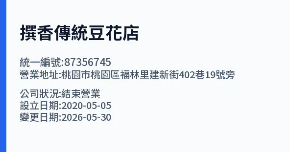 撰香傳統豆花店的照片-統編 87356745(桃園市) 公司登記資料與營業項目詳細圖表