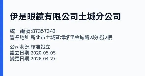伊是眼鏡有限公司土城分公司的照片-統編 87357343(新北市) 公司登記資料與營業項目詳細圖表