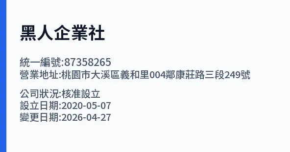 黑人企業社的照片-統編 87358265(桃園市) 公司登記資料與營業項目詳細圖表
