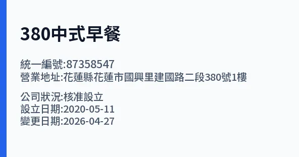 380中式早餐的照片-統編 87358547(花蓮縣) 公司登記資料與營業項目詳細圖表