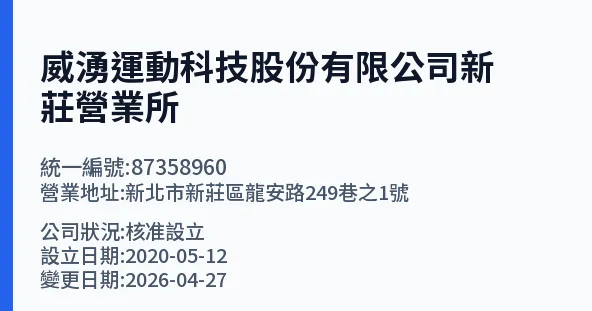 威湧運動科技股份有限公司新莊營業所的照片-統編 87358960(新北市) 公司登記資料與營業項目詳細圖表