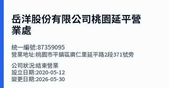 岳洋股份有限公司桃園延平營業處的照片-統編 87359095(桃園市) 公司登記資料與營業項目詳細圖表