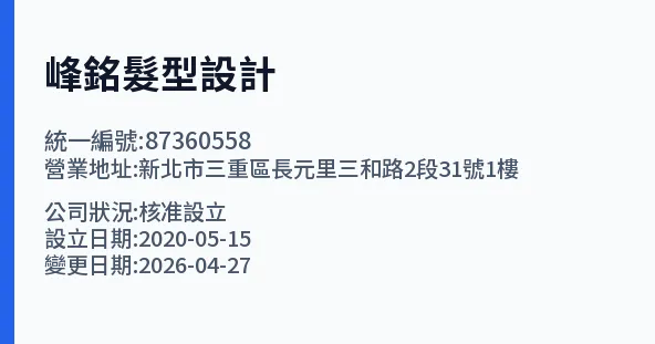 峰銘髮型設計的照片-統編 87360558(新北市) 公司登記資料與營業項目詳細圖表
