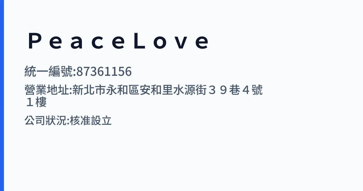 ＰｅａｃｅＬｏｖｅ - 統編 87361156(新北市) 公司登記資料與營業項目詳細圖表