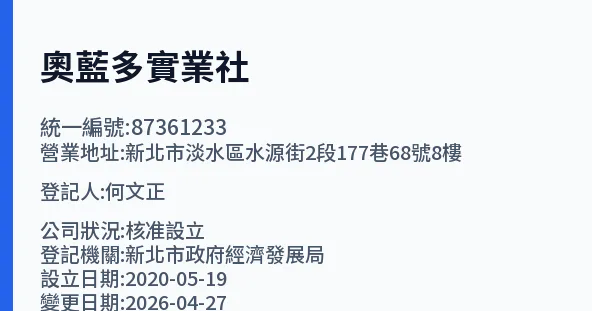 奧藍多實業社的照片-統編 87361233(新北市) 公司登記資料與營業項目詳細圖表