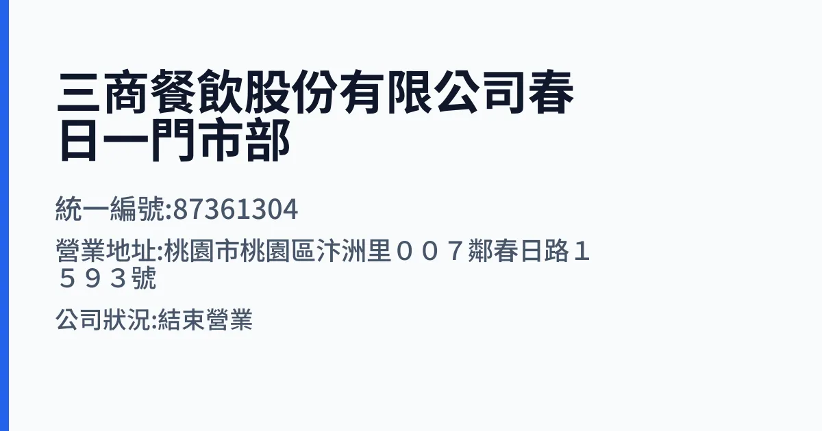 三商餐飲股份有限公司春日一門市部 - 統編 87361304(桃園市) 公司登記資料與營業項目詳細圖表