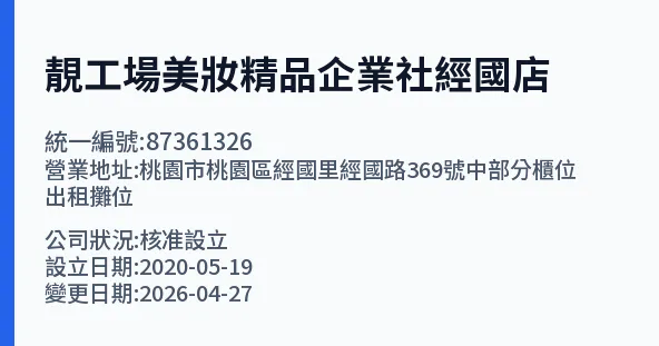 靚工場美妝精品企業社經國店的照片-統編 87361326(桃園市) 公司登記資料與營業項目詳細圖表