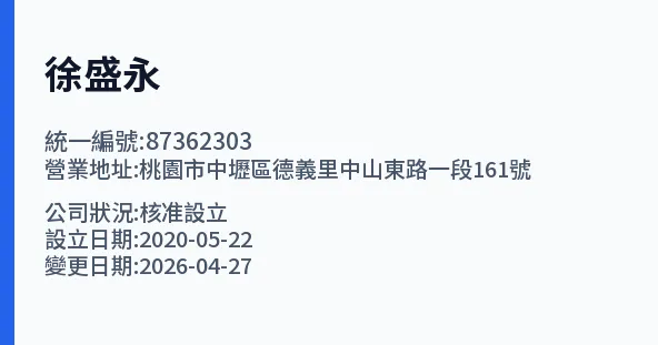 徐盛永的照片-統編 87362303(桃園市) 公司登記資料與營業項目詳細圖表