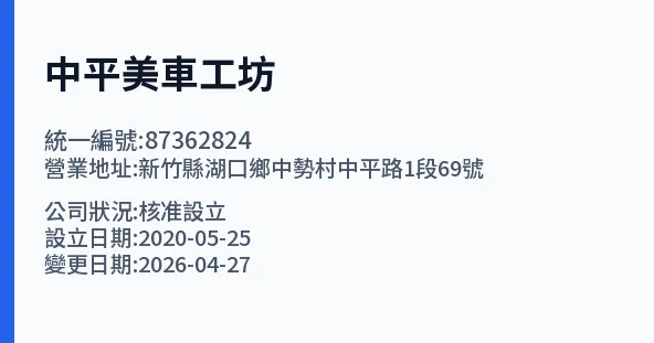 中平美車工坊的照片-統編 87362824(新竹縣) 公司登記資料與營業項目詳細圖表