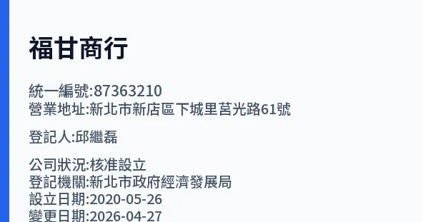 福甘商行的照片-統編 87363210(新北市) 公司登記資料與營業項目詳細圖表