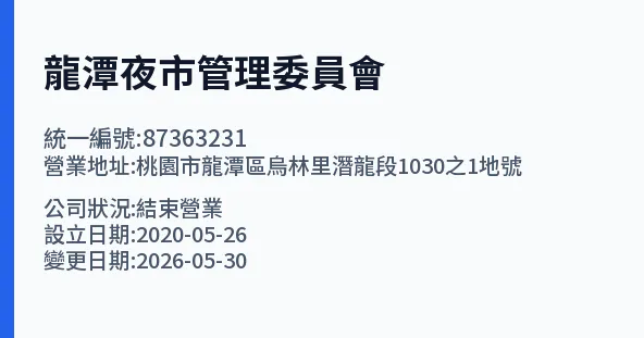 龍潭夜市管理委員會的照片-統編 87363231(桃園市) 公司登記資料與營業項目詳細圖表