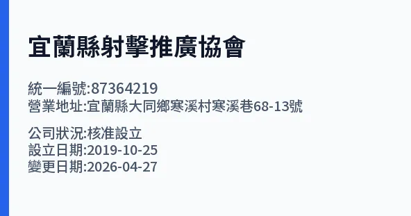 宜蘭縣射擊推廣協會的照片-統編 87364219(宜蘭縣) 公司登記資料與營業項目詳細圖表
