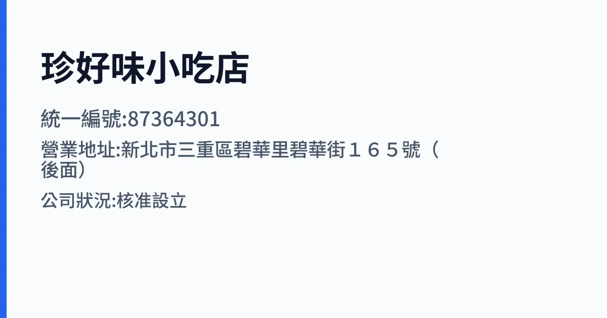 珍好味小吃店 - 統編 87364301(新北市) 公司登記資料與營業項目詳細圖表
