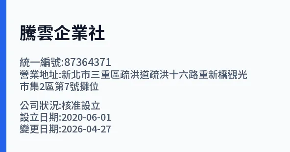 騰雲企業社的照片-統編 87364371(新北市) 公司登記資料與營業項目詳細圖表