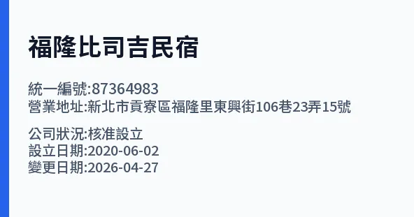 福隆比司吉民宿的照片-統編 87364983(新北市) 公司登記資料與營業項目詳細圖表