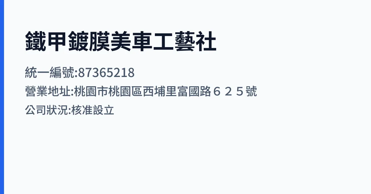 鐵甲鍍膜美車工藝社 - 統編 87365218(桃園市) 公司登記資料與營業項目詳細圖表