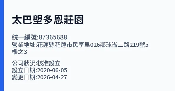 太巴塱多恩莊園的照片-統編 87365688(花蓮縣) 公司登記資料與營業項目詳細圖表