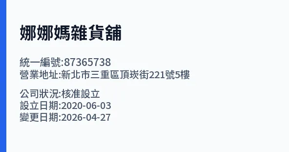 娜娜媽雜貨舖的照片-統編 87365738(新北市) 公司登記資料與營業項目詳細圖表