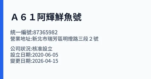 Ａ６１阿輝鮮魚號 - 統編 87365982(新北市) 公司登記資料與營業項目詳細圖表