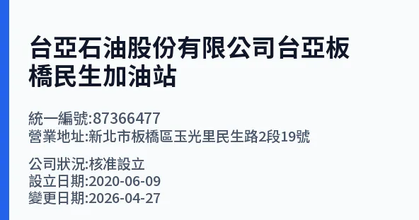 台亞石油股份有限公司台亞板橋民生加油站的照片-統編 87366477(新北市) 公司登記資料與營業項目詳細圖表
