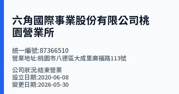 六角國際事業股份有限公司桃園營業所的照片-統編 87366510(桃園市) 公司登記資料與營業項目詳細圖表