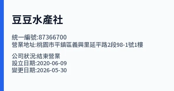 豆豆水產社的照片-統編 87366700(桃園市) 公司登記資料與營業項目詳細圖表