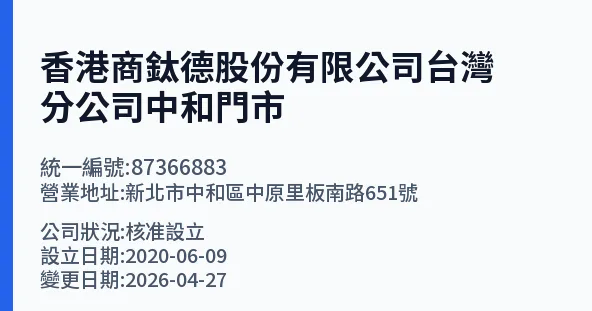 香港商鈦德股份有限公司台灣分公司中和門市的照片-統編 87366883(新北市) 公司登記資料與營業項目詳細圖表