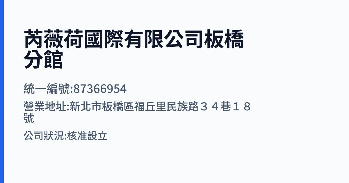 芮薇荷國際有限公司板橋分館 - 統編 87366954(新北市) 公司登記資料與營業項目詳細圖表