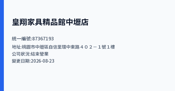 皇翔家具精品館中壢店的照片-統編 87367193(桃園市) 公司登記資料與營業項目詳細圖表