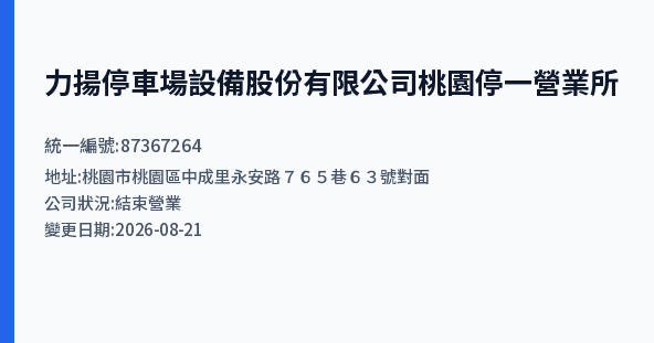 力揚停車場設備股份有限公司桃園停一營業所的照片-統編 87367264(桃園市) 公司登記資料與營業項目詳細圖表