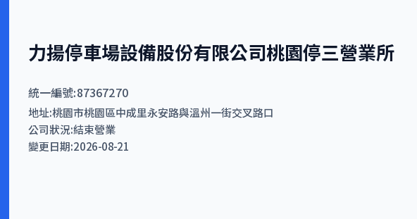 力揚停車場設備股份有限公司桃園停三營業所的照片-統編 87367270(桃園市) 公司登記資料與營業項目詳細圖表