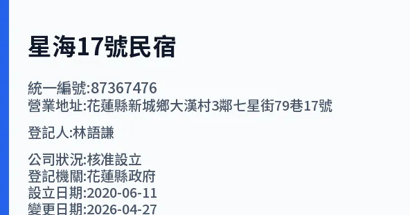 星海17號民宿的照片-統編 87367476(花蓮縣) 公司登記資料與營業項目詳細圖表