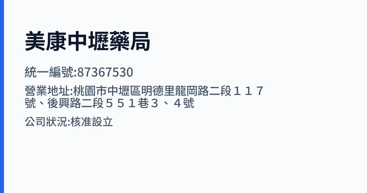 美康中壢藥局 - 統編 87367530(桃園市) 公司登記資料與營業項目詳細圖表