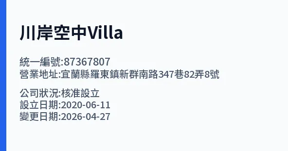 川岸空中Villa的照片-統編 87367807(宜蘭縣) 公司登記資料與營業項目詳細圖表