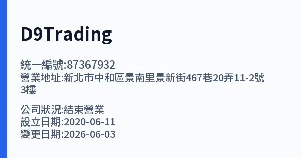 D9Trading的照片-統編 87367932(新北市) 公司登記資料與營業項目詳細圖表