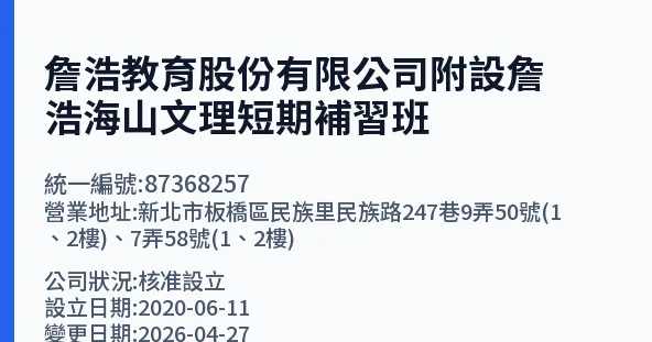 詹浩教育股份有限公司附設詹浩海山文理短期補習班的照片-統編 87368257(新北市) 公司登記資料與營業項目詳細圖表