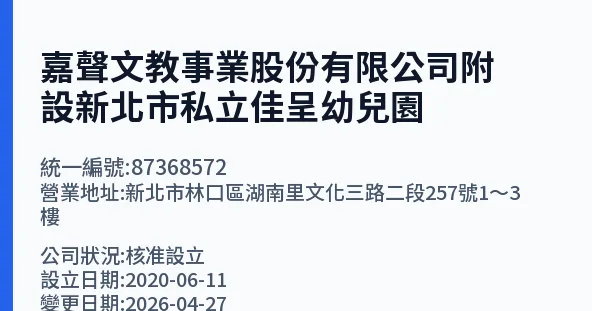 嘉聲文教事業股份有限公司附設新北市私立佳呈幼兒園的照片-統編 87368572(新北市) 公司登記資料與營業項目詳細圖表