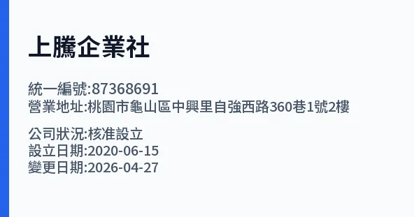 上騰企業社的照片-統編 87368691(桃園市) 公司登記資料與營業項目詳細圖表