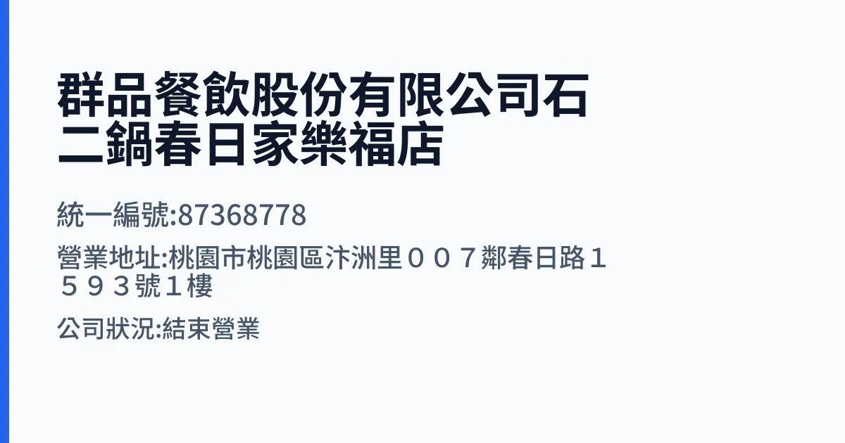 群品餐飲股份有限公司石二鍋春日家樂福店 - 統編 87368778(桃園市) 公司登記資料與營業項目詳細圖表