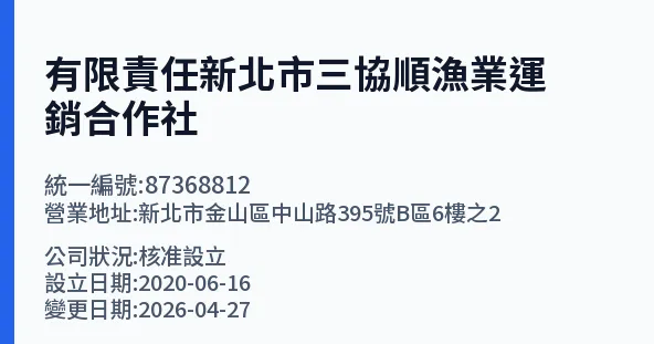 有限責任新北市三協順漁業運銷合作社的照片-統編 87368812(新北市) 公司登記資料與營業項目詳細圖表