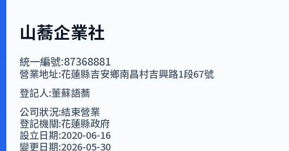 山蕎企業社的照片-統編 87368881(花蓮縣) 公司登記資料與營業項目詳細圖表