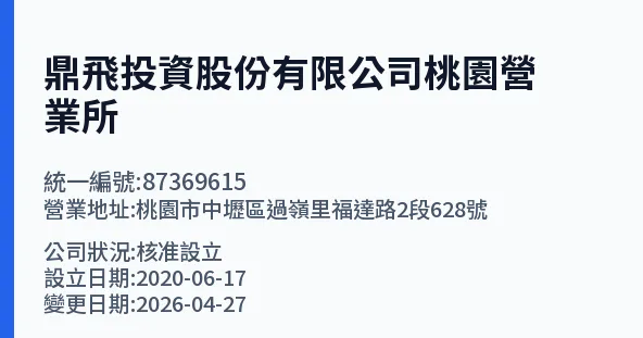 鼎飛投資股份有限公司桃園營業所的照片-統編 87369615(桃園市) 公司登記資料與營業項目詳細圖表