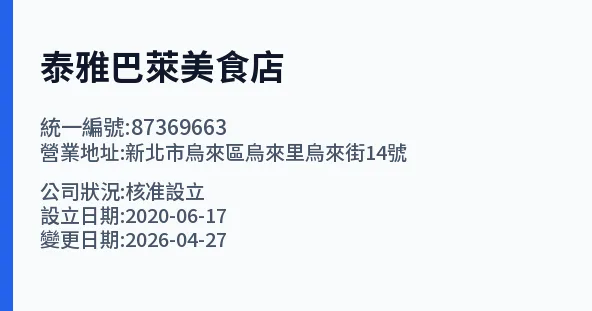 泰雅巴萊美食店的照片-統編 87369663(新北市) 公司登記資料與營業項目詳細圖表