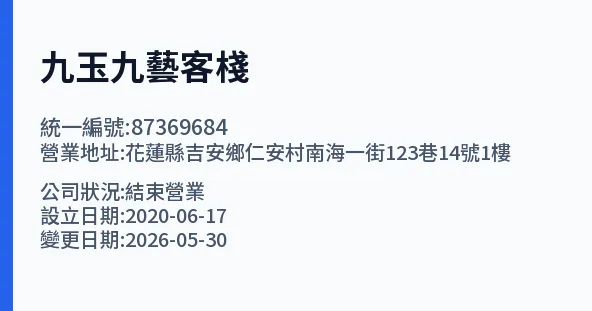九玉九藝客棧的照片-統編 87369684(花蓮縣) 公司登記資料與營業項目詳細圖表