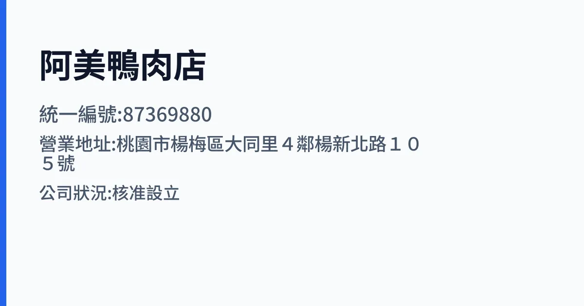 阿美鴨肉店 - 統編 87369880(桃園市) 公司登記資料與營業項目詳細圖表