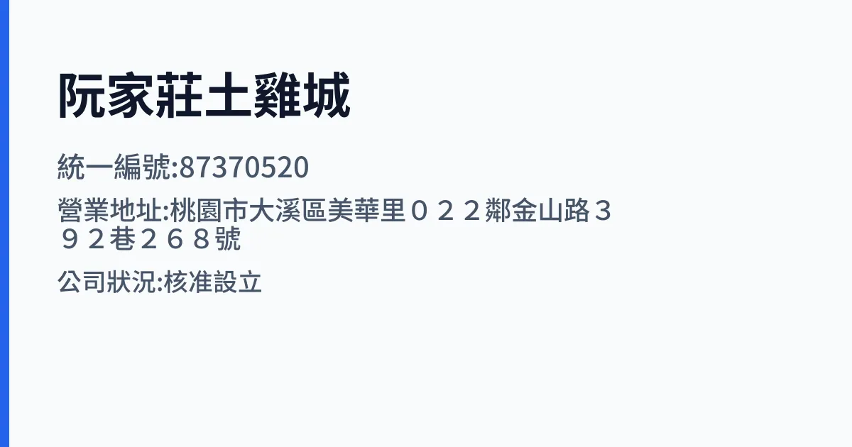 阮家莊土雞城 - 統編 87370520（桃園市） 公司登記資料與營業項目詳細圖表