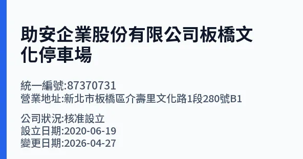 助安企業股份有限公司板橋文化停車場的照片-統編 87370731(新北市) 公司登記資料與營業項目詳細圖表