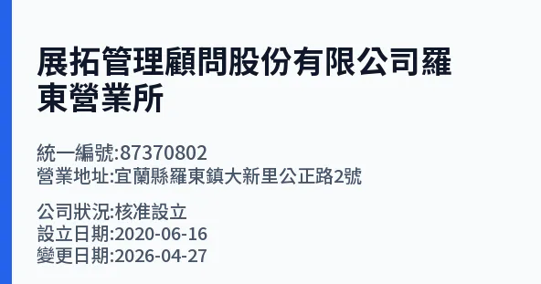 展拓管理顧問股份有限公司羅東營業所的照片-統編 87370802(宜蘭縣) 公司登記資料與營業項目詳細圖表