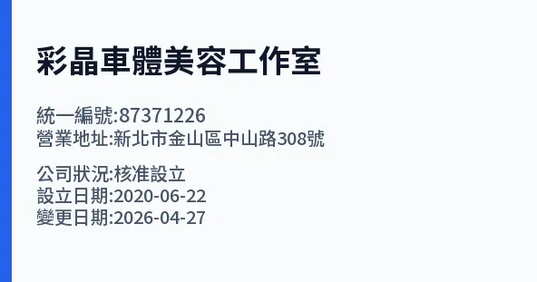 彩晶車體美容工作室的照片-統編 87371226(新北市) 公司登記資料與營業項目詳細圖表
