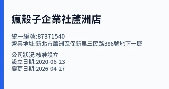 瘋殼子企業社蘆洲店的照片-統編 87371540(新北市) 公司登記資料與營業項目詳細圖表